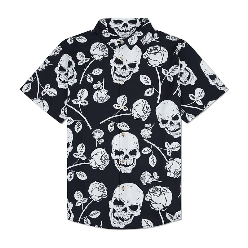 ROMANTIC SKULL ROSE PRINTED ALOHA SHIRT