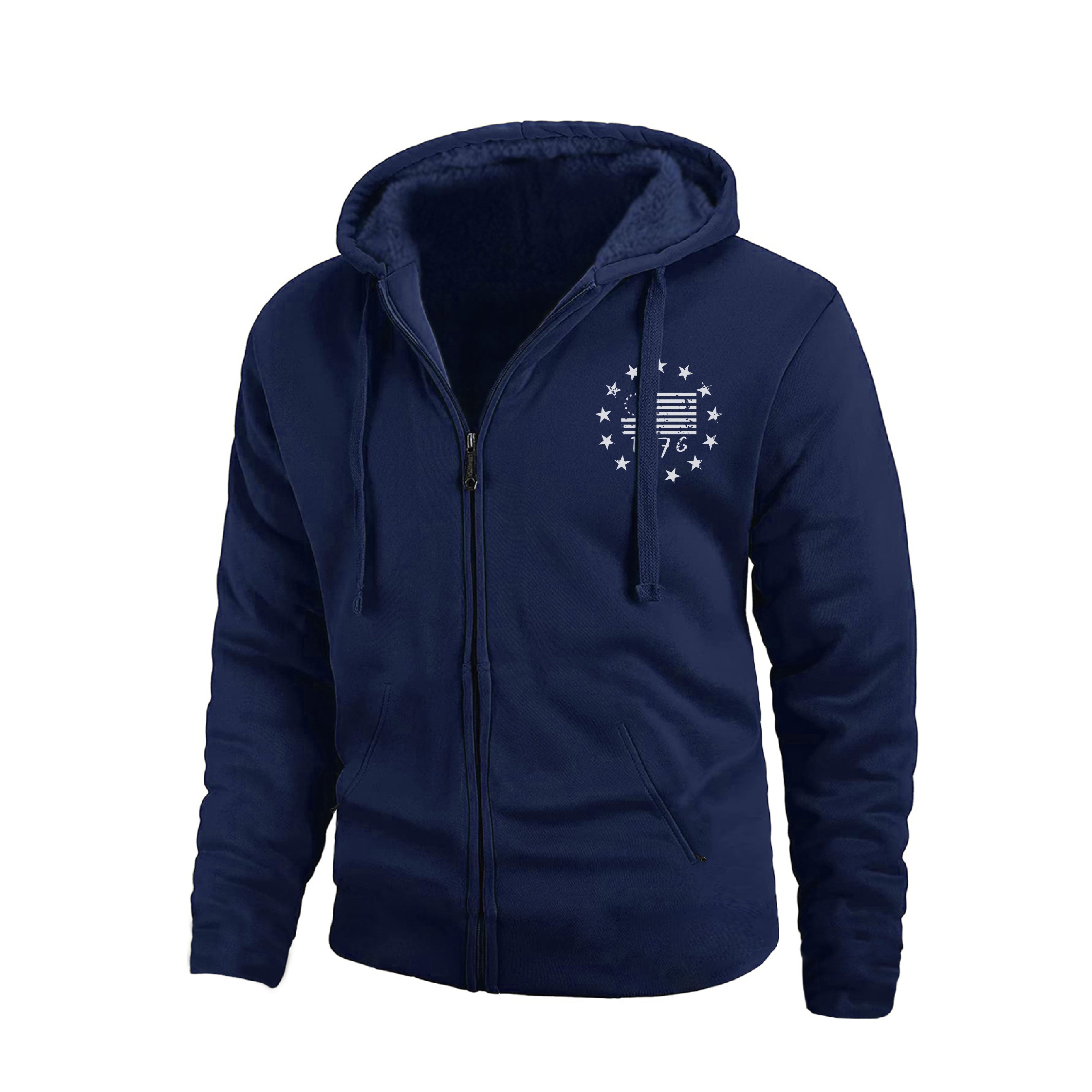 Hyfol 1776 Usa Flag Zipper Pocket Plus Velvet Hooded Jacket Men